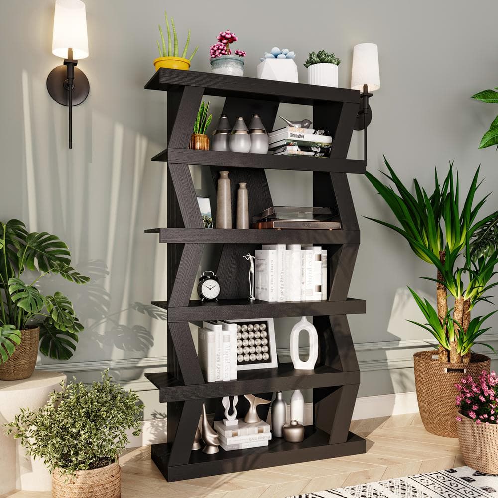 FUFU&GAGA 63.8 in. Tall Bookcase, Black Wood Material 5-Tier Bookcase ...