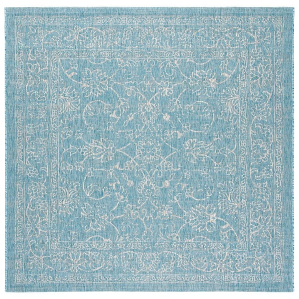 SAFAVIEH Courtyard Aqua/Gray 8 ft. x 8 ft. Border Floral Scroll Indoor ...