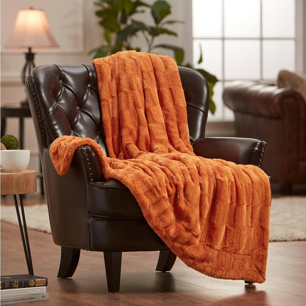 CHANASYA Embossed Orange Faux Fur Polyester Sherpa Shearling Throw ...