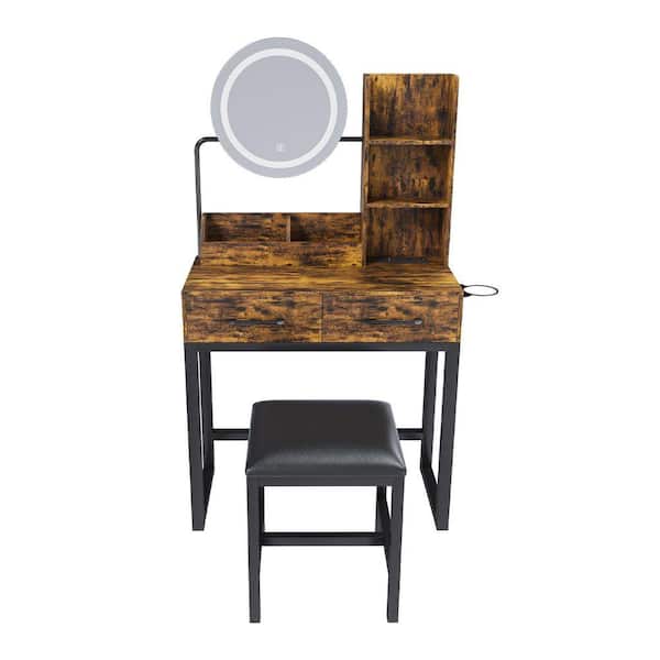 Brown Makeup Vanity Table w/ 3-Color LED Lights, Power Outlet, 2-Big ...