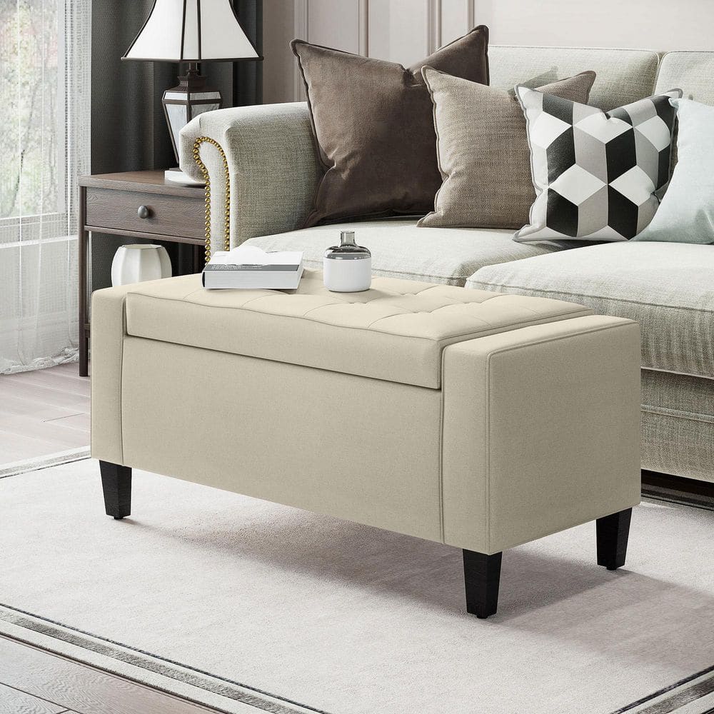 HOMCOM Cream White Polyester Storage Tufted Ottoman Bench 15.75 in. x ...