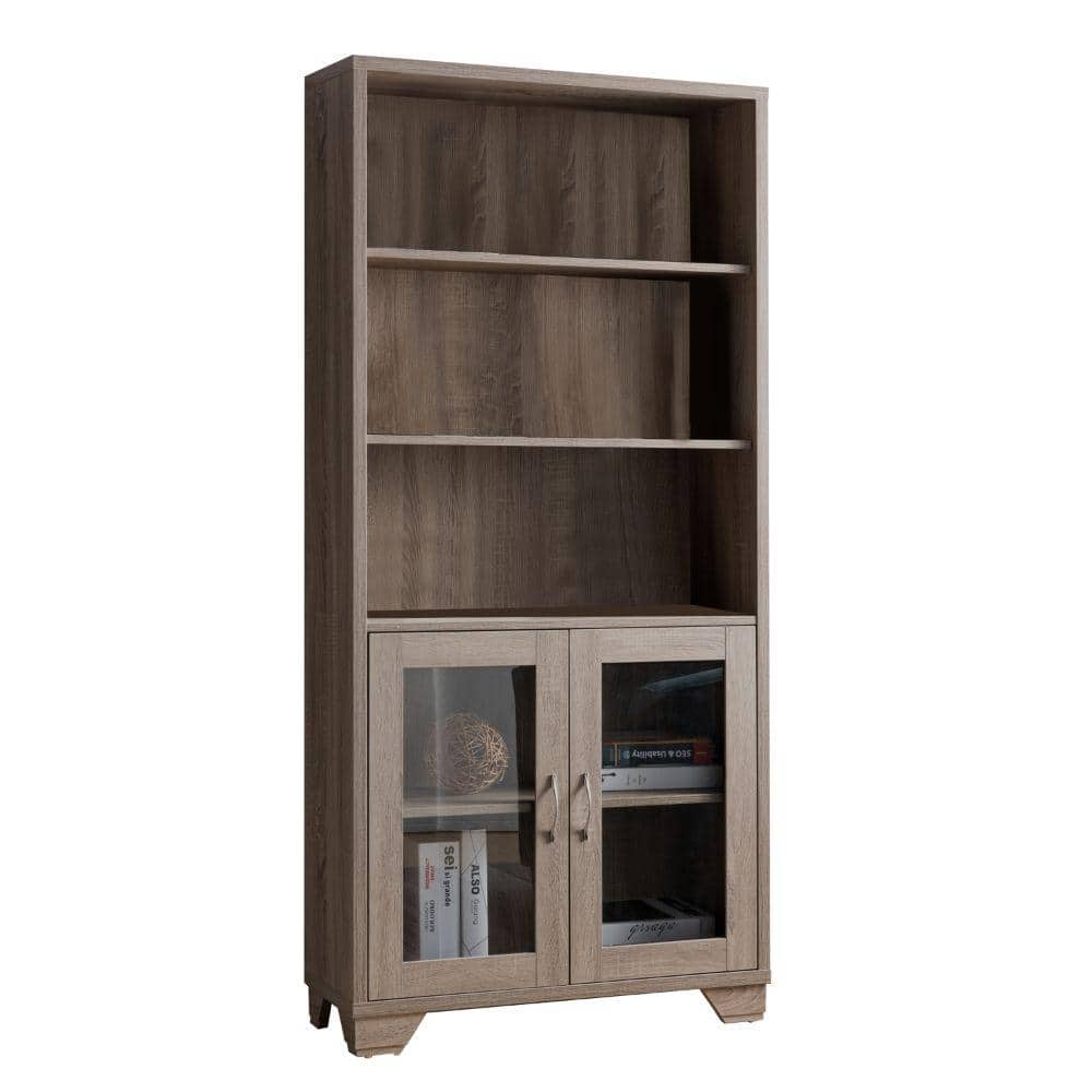 Benjara Wooden Book Cabinet Taupe Brown with Three Display Shelves and ...