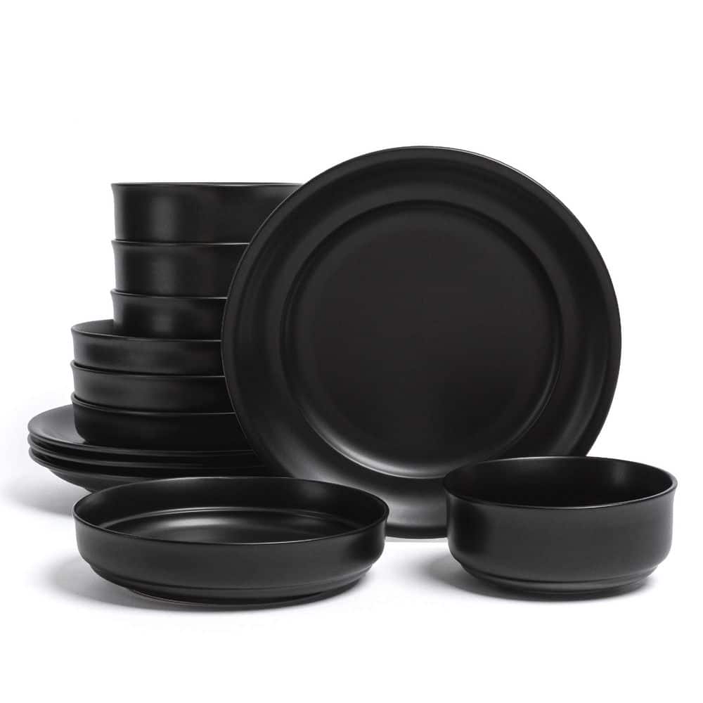 Over and Back Rimmed 12-Piece Semi-Matte Black Hand-Finished Stoneware ...