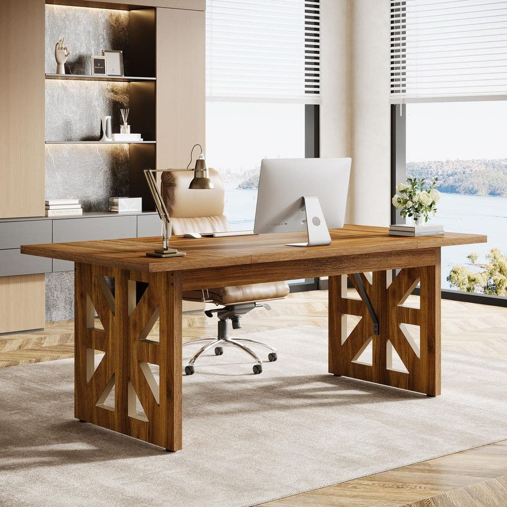 BYBLIGHT 62.4 in. W x 31.1 in. D Rectangle Brown Wood Computer Desk ...