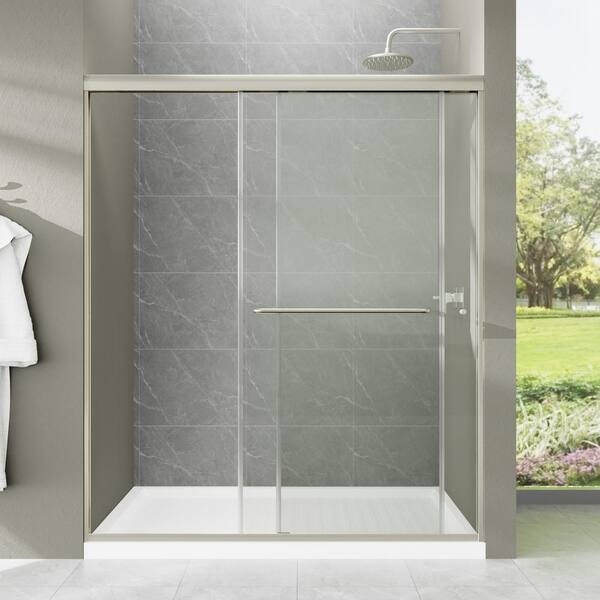JimsMaison 60 in. W x 70 in. H Sliding Semi-Frameless Shower Door in Brushed Nickel Finish with ...