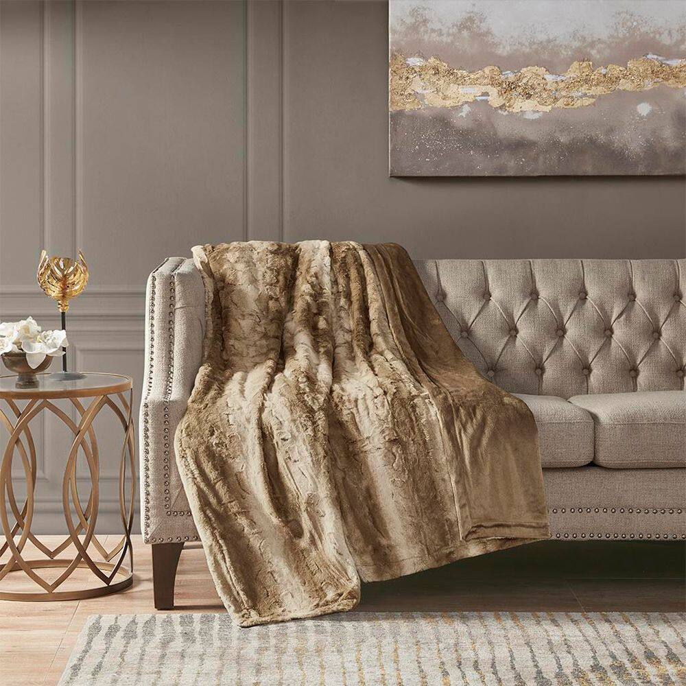 GOGEXX 60 in. x70 in. Tan Oversized Faux Fur Throw Blanket, Ultra-Soft ...