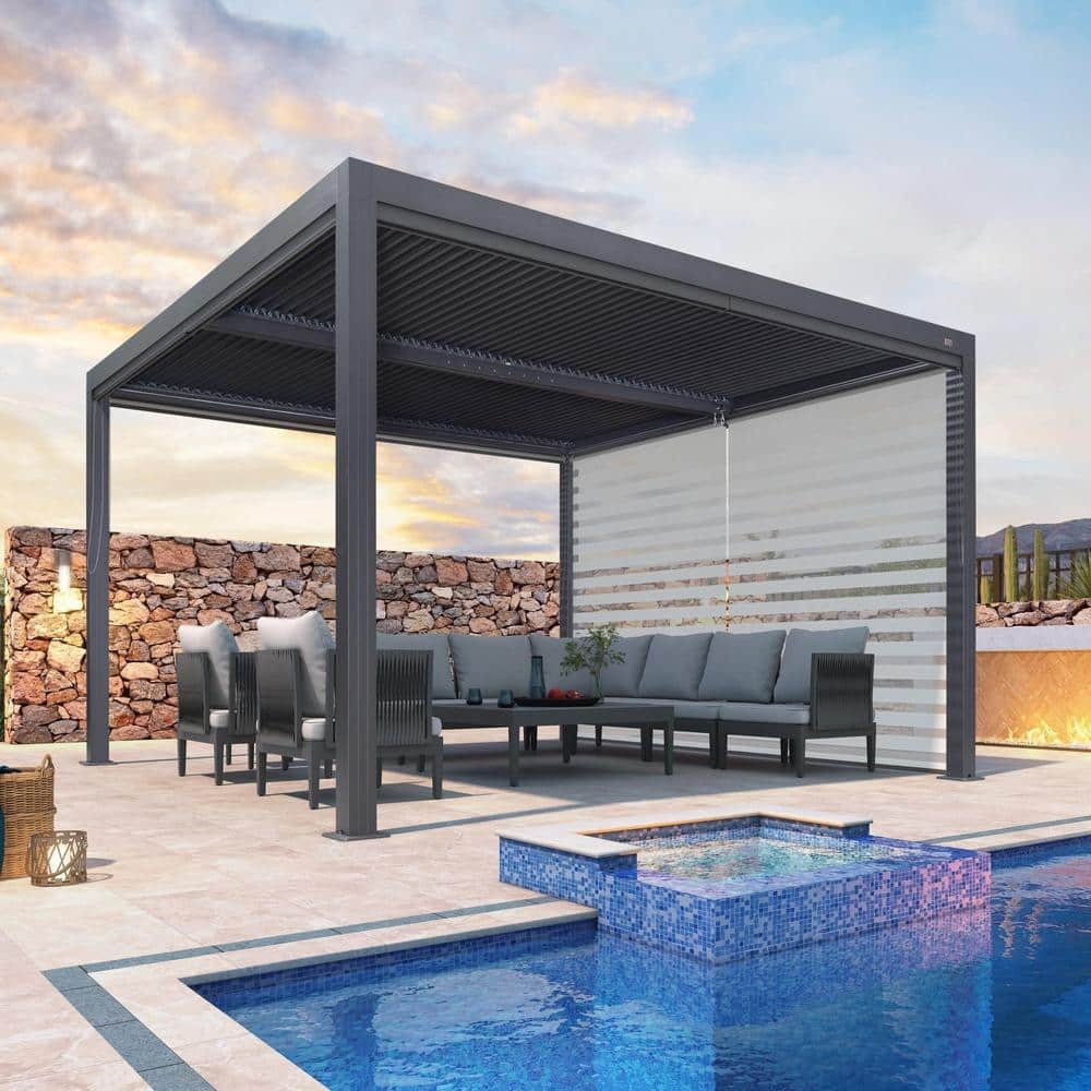 PURPLE LEAF 12 ft. x 12 ft. Gray Aluminum Frame Louvered Pergola with ...