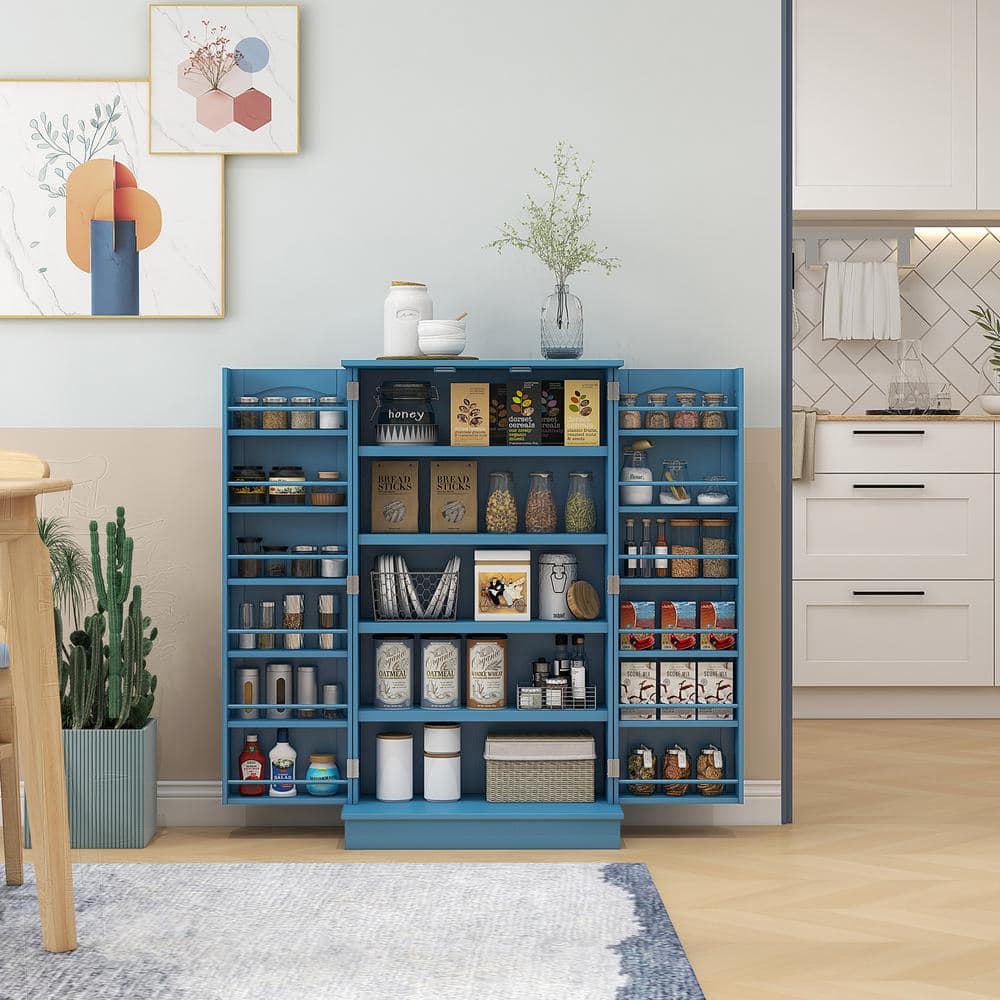 HOMCOM Kitchen Pantry Storage Blue Cabinet w/ 5-tier Shelving, 12-Spice ...