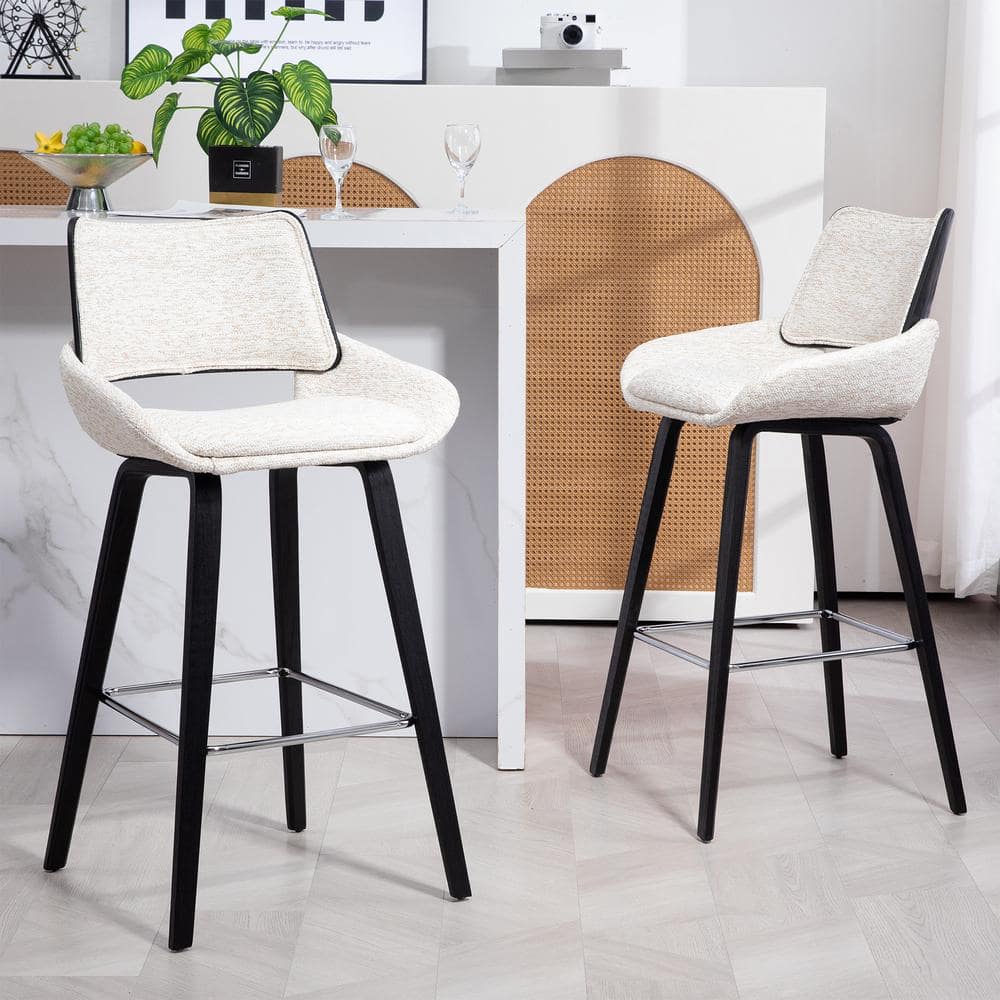 Glamour Home Bea 29in. White Wood Bar Stool with Two-Toned Linen Fabric ...
