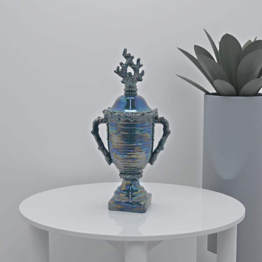 Benjara White and Blue Amphora Ceramic 8 in. Decorative Jar with Ribbed ...
