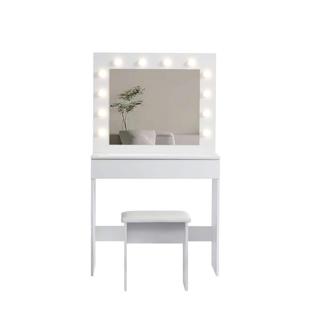 Boyel Living 2-Piece White Makeup Vanity Set with Large Sliding Lighted ...