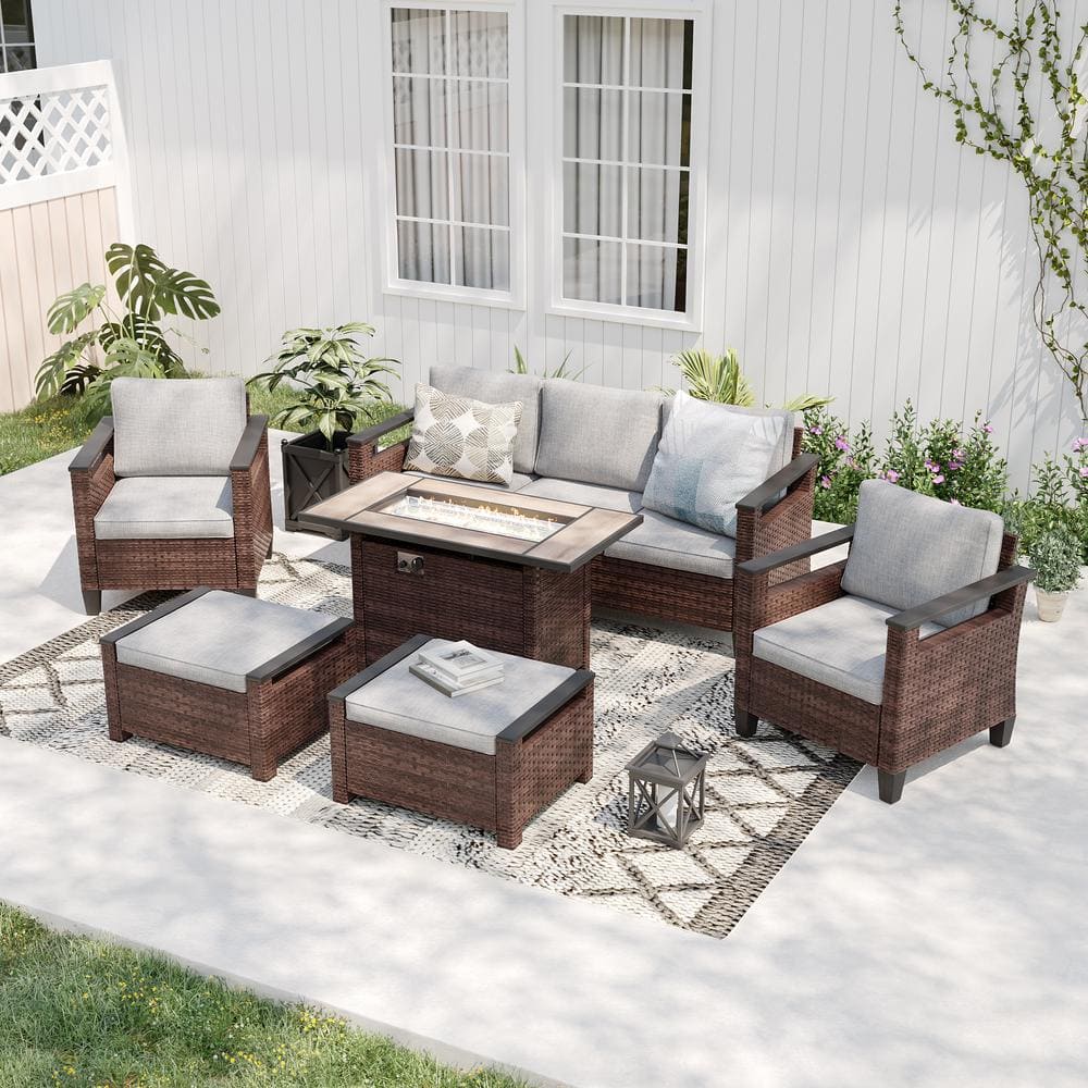 Sonkuki 6 Pieces Brown Wicker Linen Grey Cushion Patio Conversation Set ...