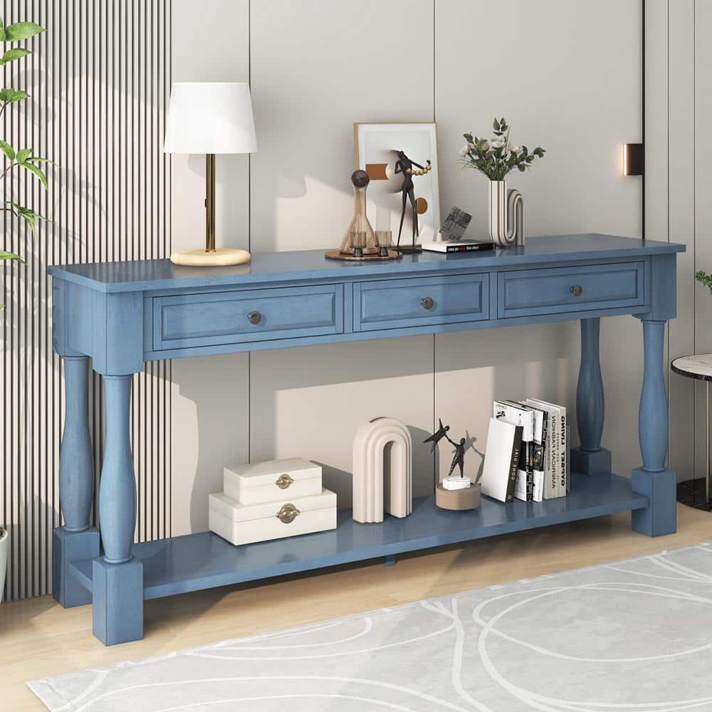 Nestfair 63 in. Navy Blue Rectangle Wood Long Console Table with ...