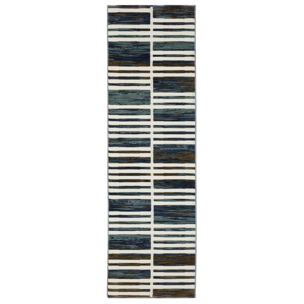 AVERLEY HOME Ross Ivory/Blue 2 ft. x 8 ft. Geometric Stripe ...