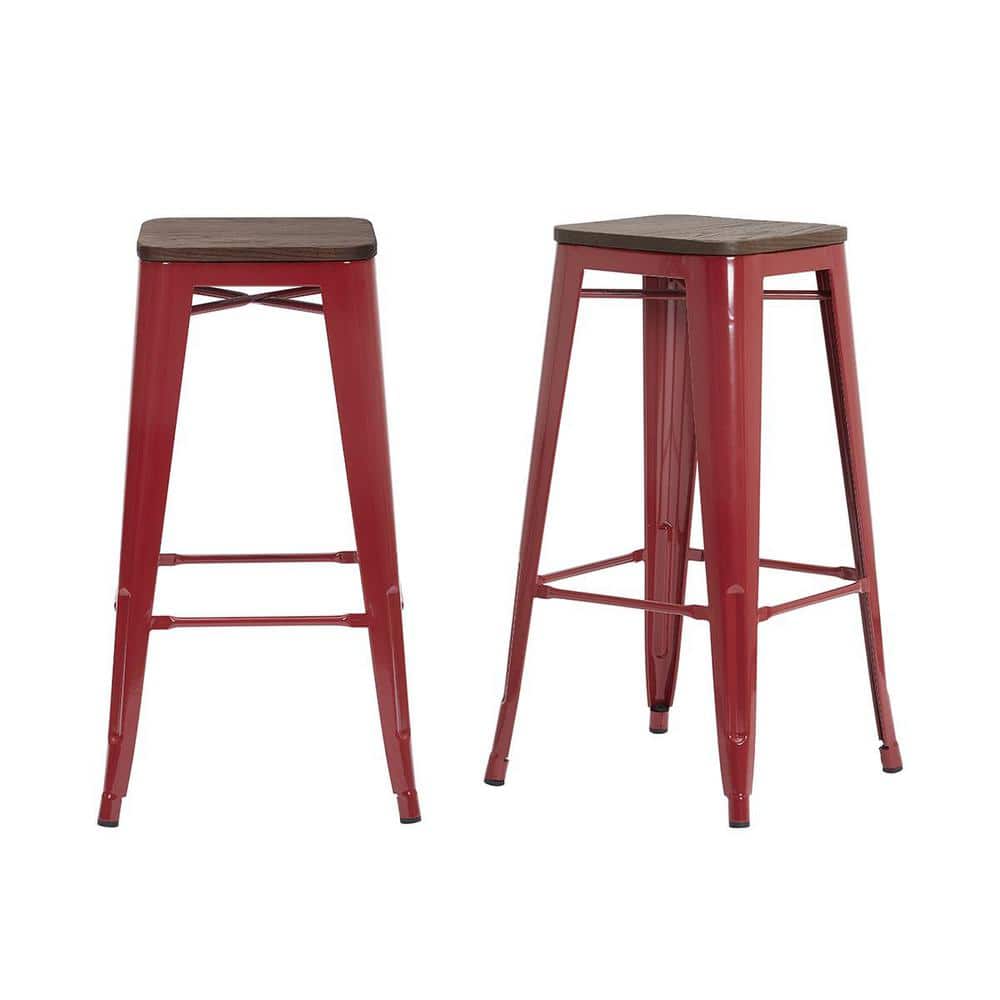 StyleWell Finwick Chili Red Metal Backless Bar Stool with Wood Seat ...