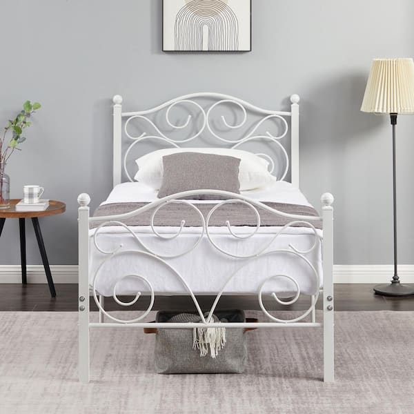 VECELO Bed Frame White Metal Frame Twin Size Platform Bed Mattress Foundation Support with Headboard and Footboard Metal Bed THD YT T16 WHE