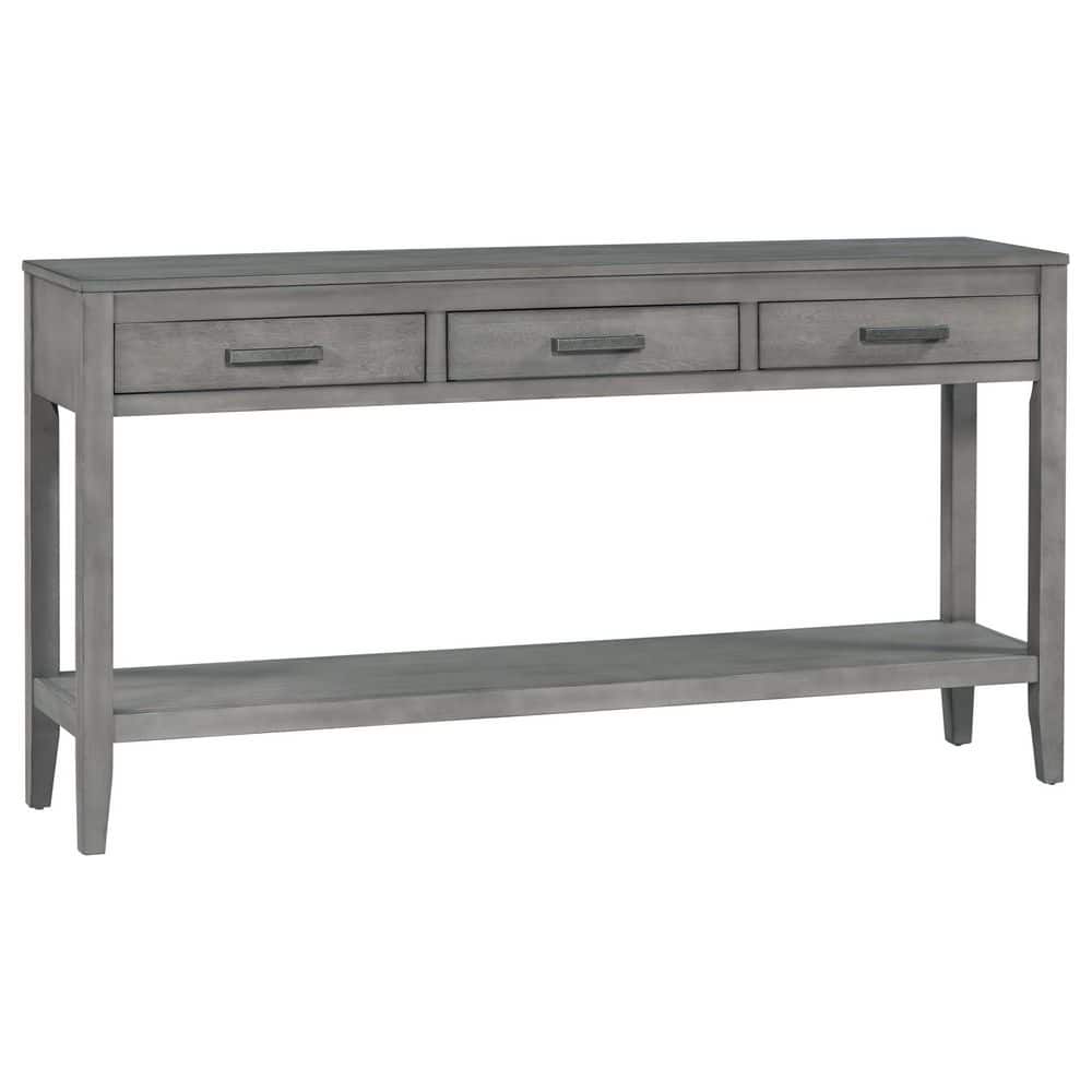 Tatahance 59.1 in. L Gray Rectangle Wood Console Table with 3 Drawers ...