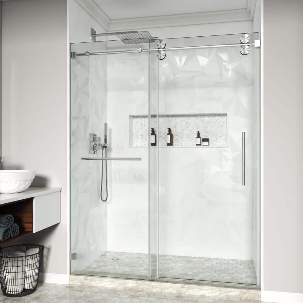 MOHALEN 61-66.5 in. W x 76 in. H Single Sliding Frameless Shower Door in Brushed Nickel with 3/8 ...