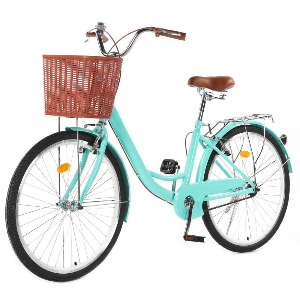 26 in. Green 1-Speed Step-Through Women's Beach Cruiser Bike with Basket, Adjustable Commuter ...