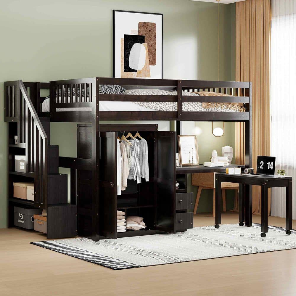 Polibi Espresso Full Size Wood Loft Bed with Stairs, Bookshelf, Drawers, Desk and Wardrobe RD14 ...