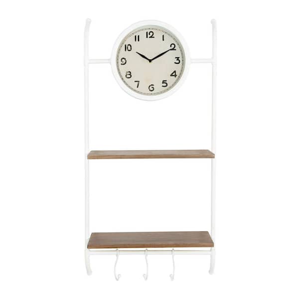 Storied Home White Wall Clock with Shelves & Hooks EC0262 - The Home Depot