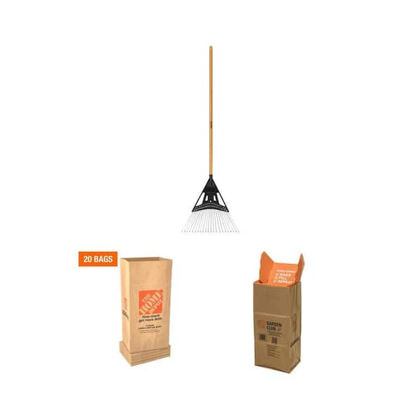 47 in. Wood Handle 24 in. Lawn Rake, 30 Gal. Paper Lawn Bags (20-Count ...
