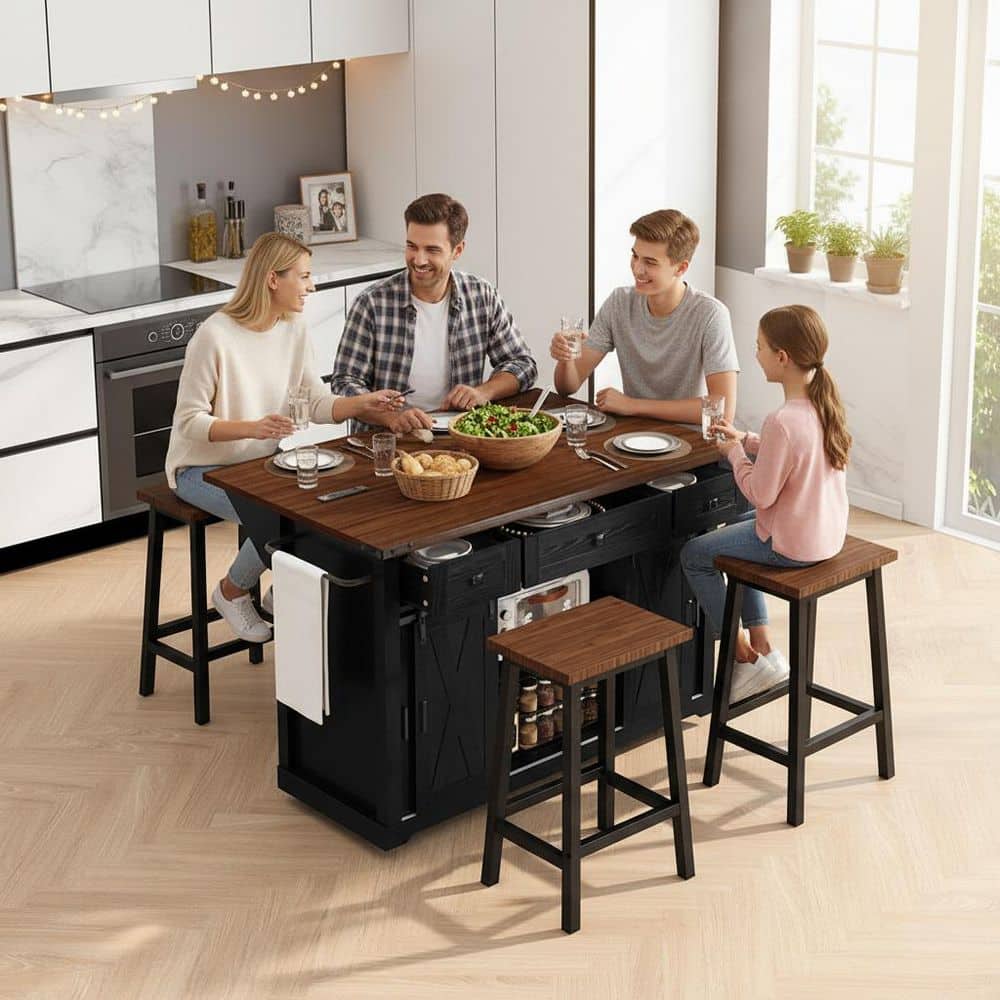Reviews for Runesay Farmhouse Black Wood 58 in. Drop Leaf Power Outlet Rolling Kitchen Island ...
