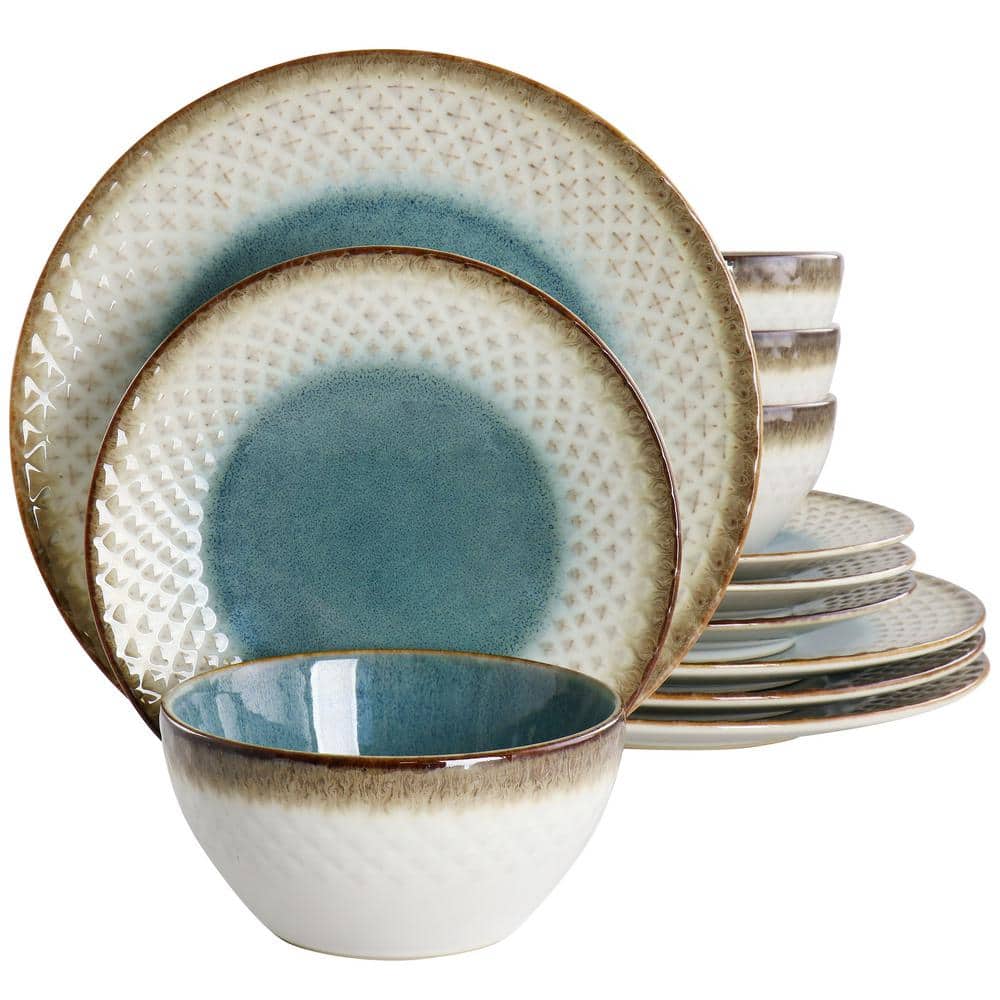 GIBSON ELITE Habit Hill 12-Piece Blue Stoneware Dinnerware Set ...