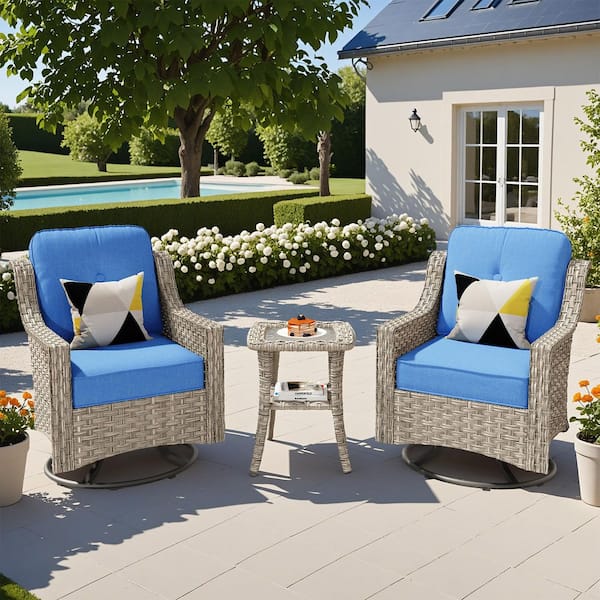 XIZZI Evolve 3-Piece Wicker Outdoor Rocking Chair Set with Diamond Blue ...