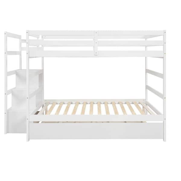 URTR Modern White Full over Full Size Bunk Bed with Twin Size Trundle, Wooden Triple Bunk Bed ...