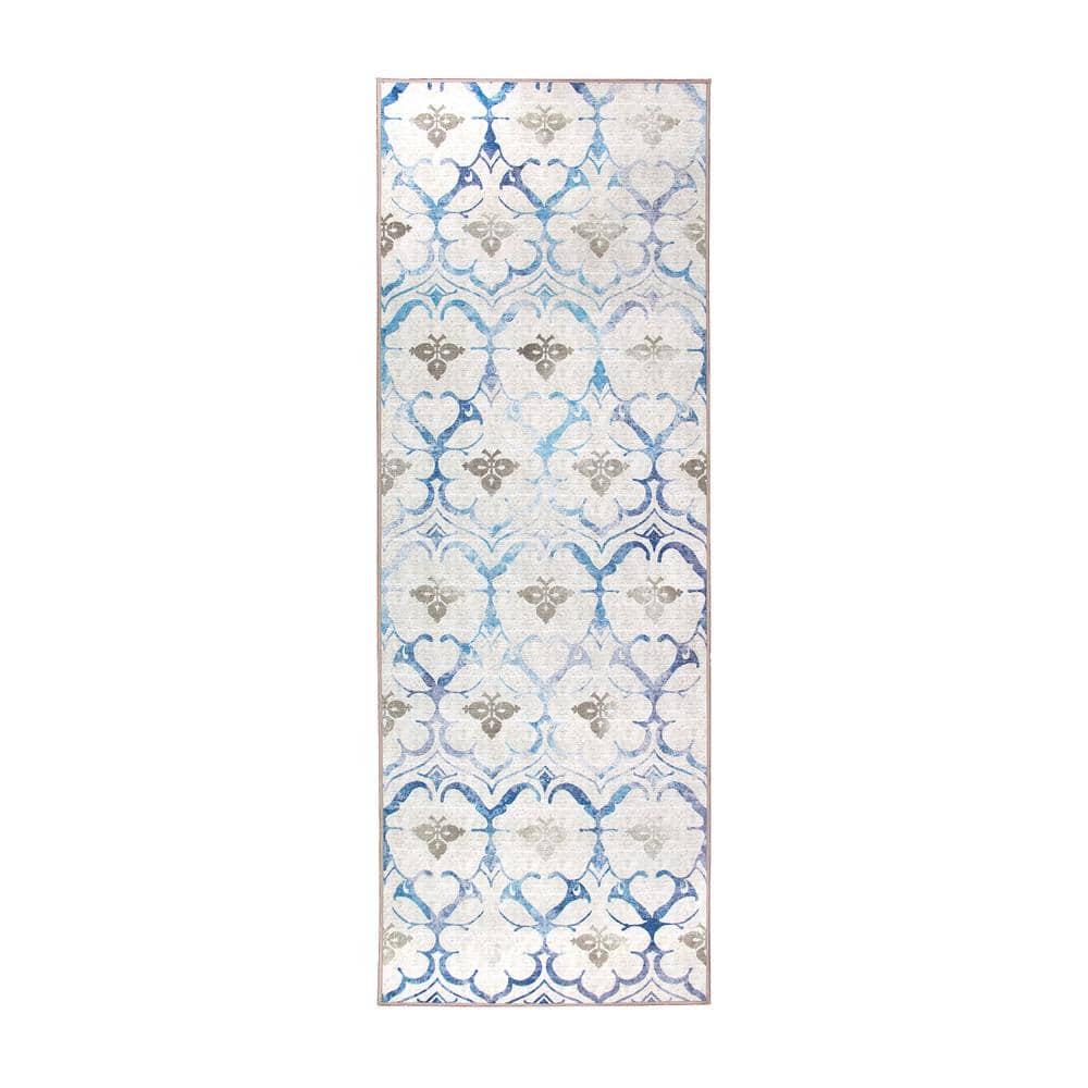 My Magic Carpet Leilani Damask Beige Blue 2.5 ft. x 7 ft. Machine ...