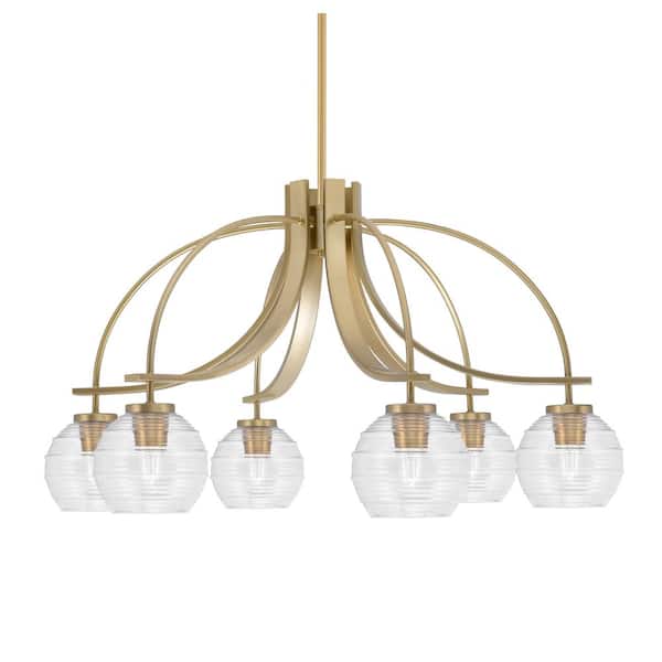 Olympia 17 in. 6-Light New Age Brass Downlight Chandelier Clear Ribbed ...