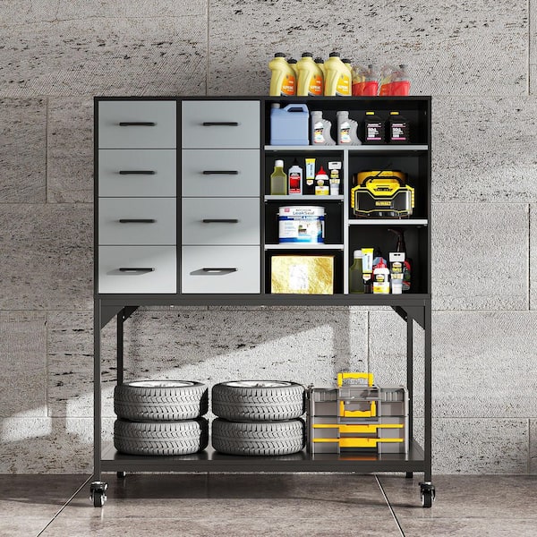 FUFU&GAGA Black and Gray 47.65 in. H Accent Cabinet with 10 Shelves, 8 ...