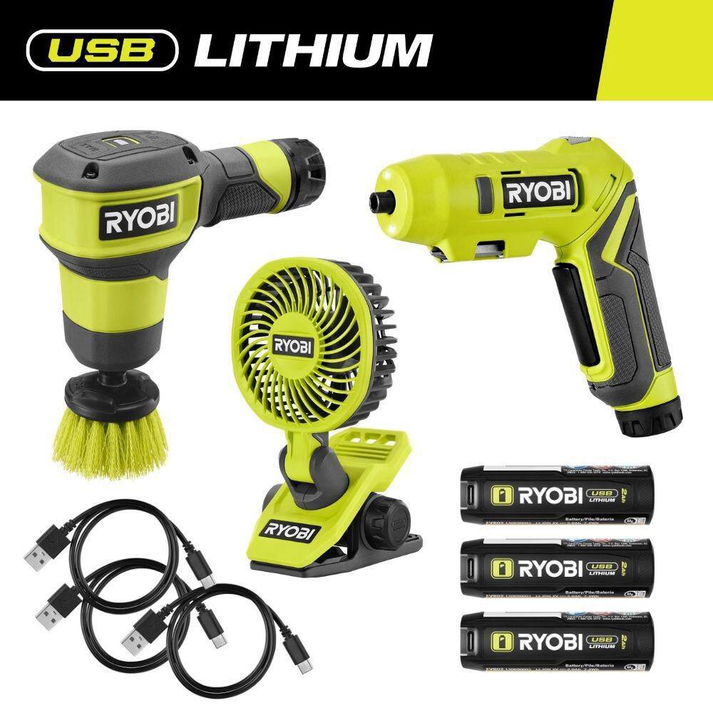 RYOBI USB Lithium Cordless 3-Tool Combo Kit with Scrubber, Screwdriver ...