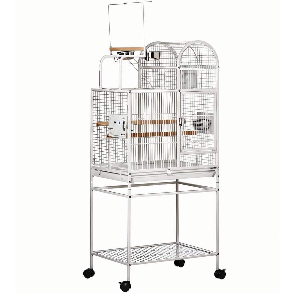 55 in. White Steel Bird Cage with Toy Hooks Above Top Bird Perch, Tray ...