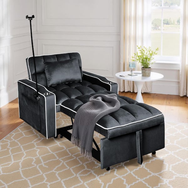 WONDER COMFORT 3-in-1 Convertible Chair Bed 37 in. W. Black Suede Pull ...