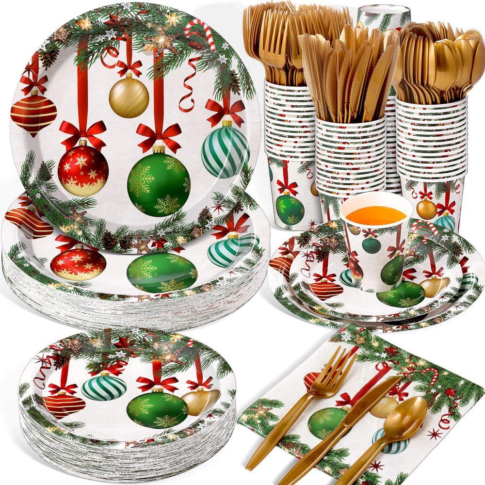 50Pcs Christmas Ball Green&Red Disposable Tableware Set w Plates ...