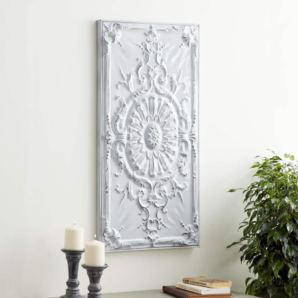 Litton Lane 19 in. x 37 in. Metal White Scroll Wall Decor with Embossed ...