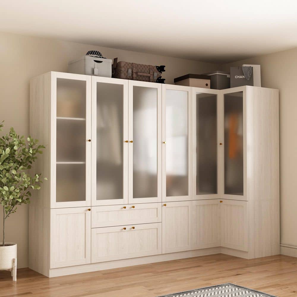 FUFU&GAGA Light Oak Wood 63 in. Bedroom Armoire with Hanging Rod, Drawers and Frosted Glass ...