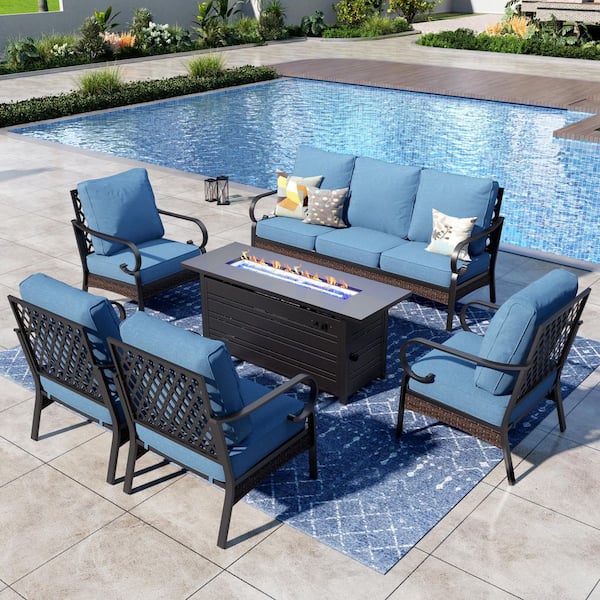 PHI VILLA 6-Piece Black Metal 7-Seats Fire Pit Patio Sets with Fixed ...