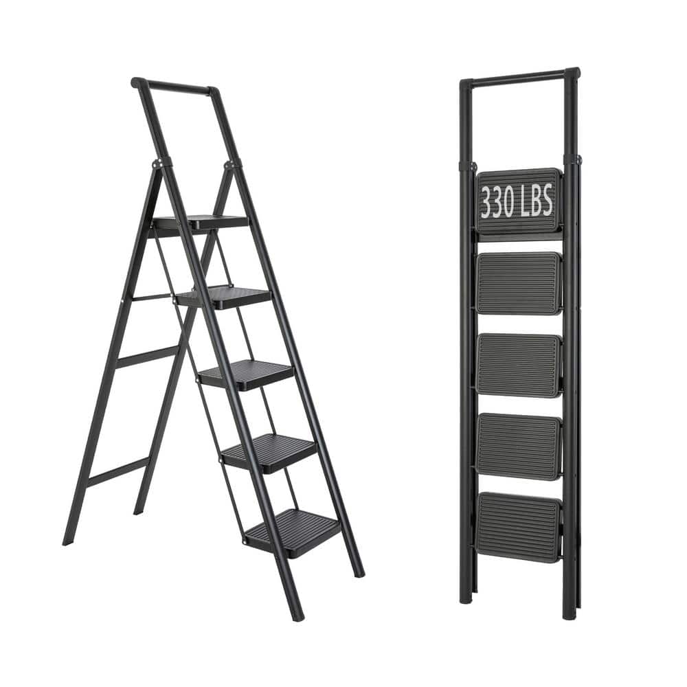 maocao hoom Black Iron, Foldable Non-Slip 5-Step ladder 5 ft. Reach ...