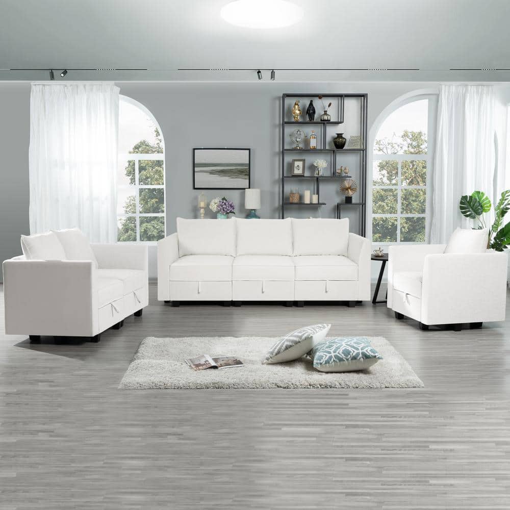 MAYKOOSH Contemporary Sofa Living Room Set - White Down Linen 64557MK ...