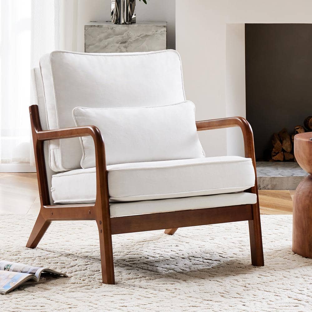CSC DECOR INC Brown Wood Arm Chair w/ Beige Cushions and Lumbar Pillow ...