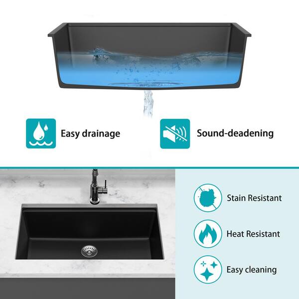 JimsMaison 32 in. Undermount Single Bowl Black Quartz Kitchen Sink with ...