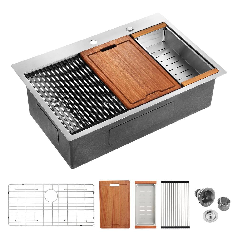 COWLOWN 33 in. Undermount Single Bowl 16\-Gauge Stainless Steel Kitchen ...