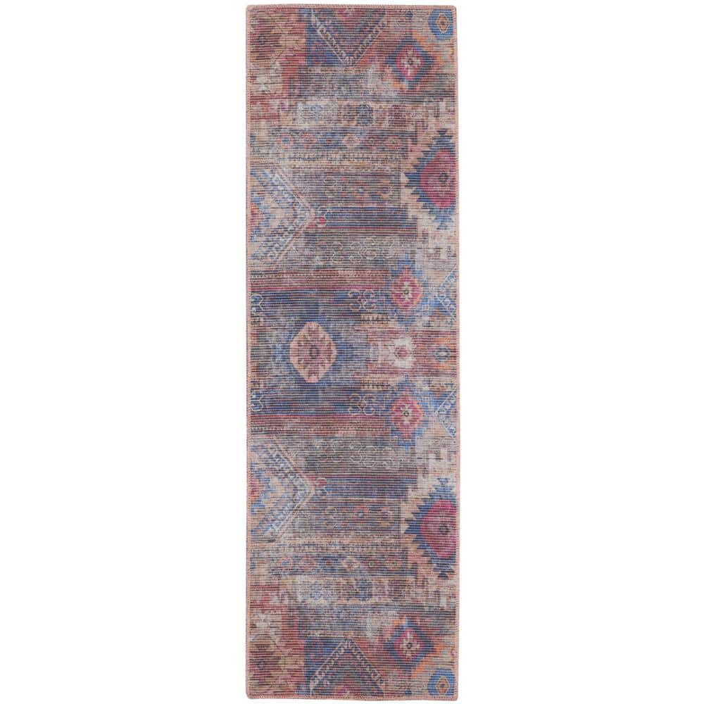 HomeRoots Blue and Red 2 ft. x 8 ft. Geometric Power Loom Distressed ...