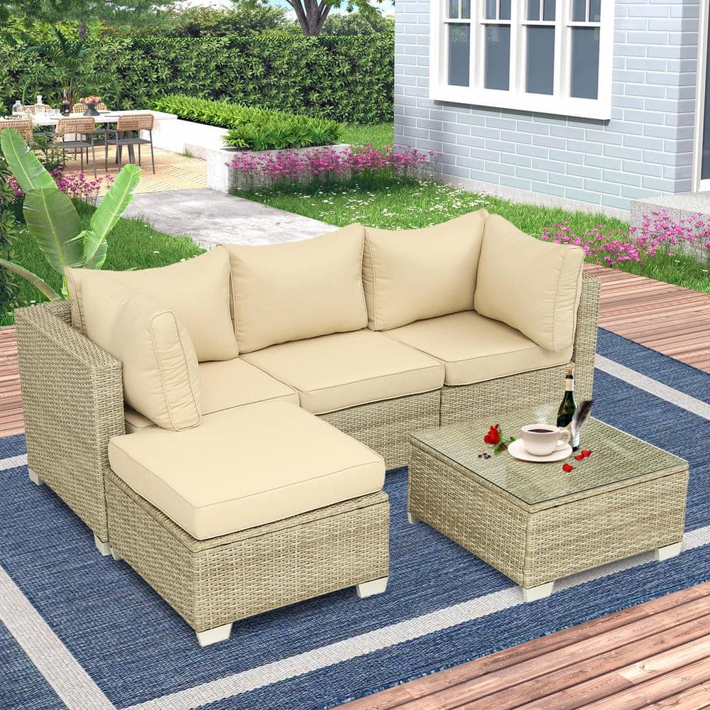 Cesicia 5-Piece Gray Wicker Outdoor Sectional Set with Field Gray ...
