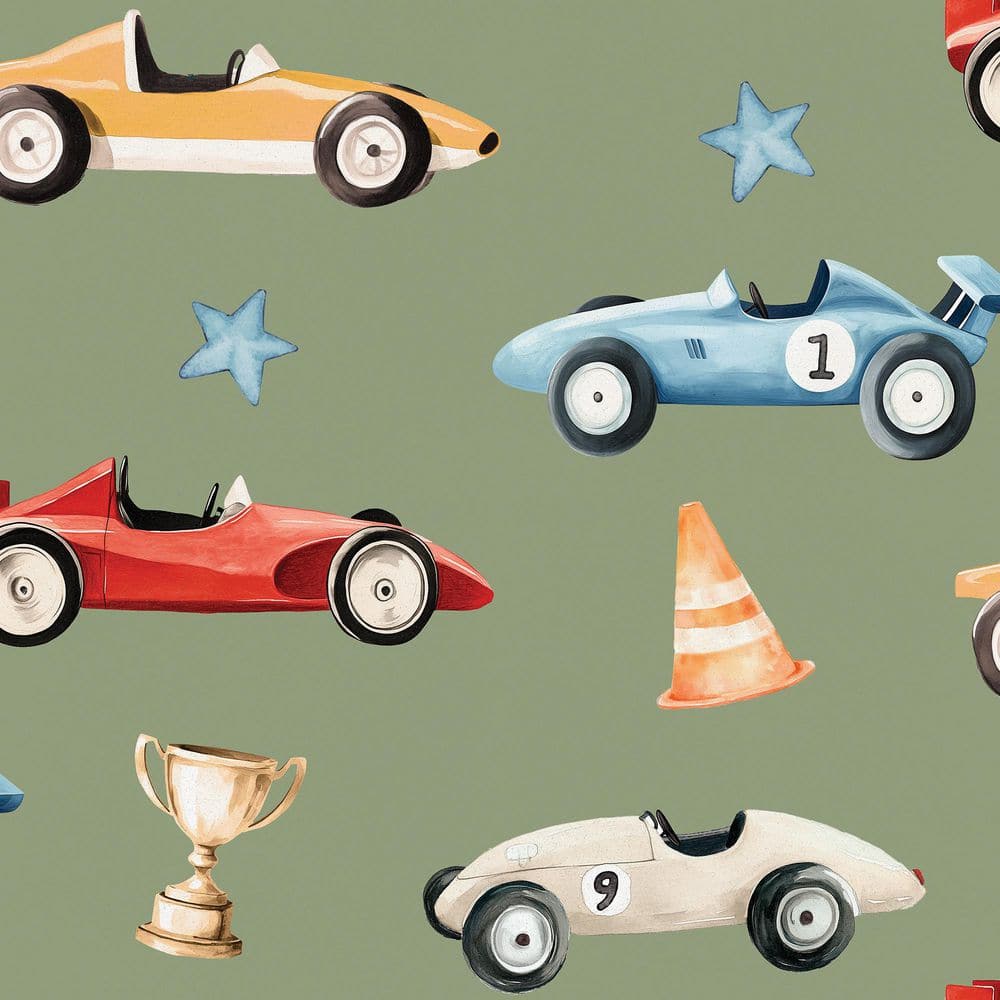 Veer Decor Vintage Race Cars Green Ground Peel and Stick Wallpaper 8335 ...
