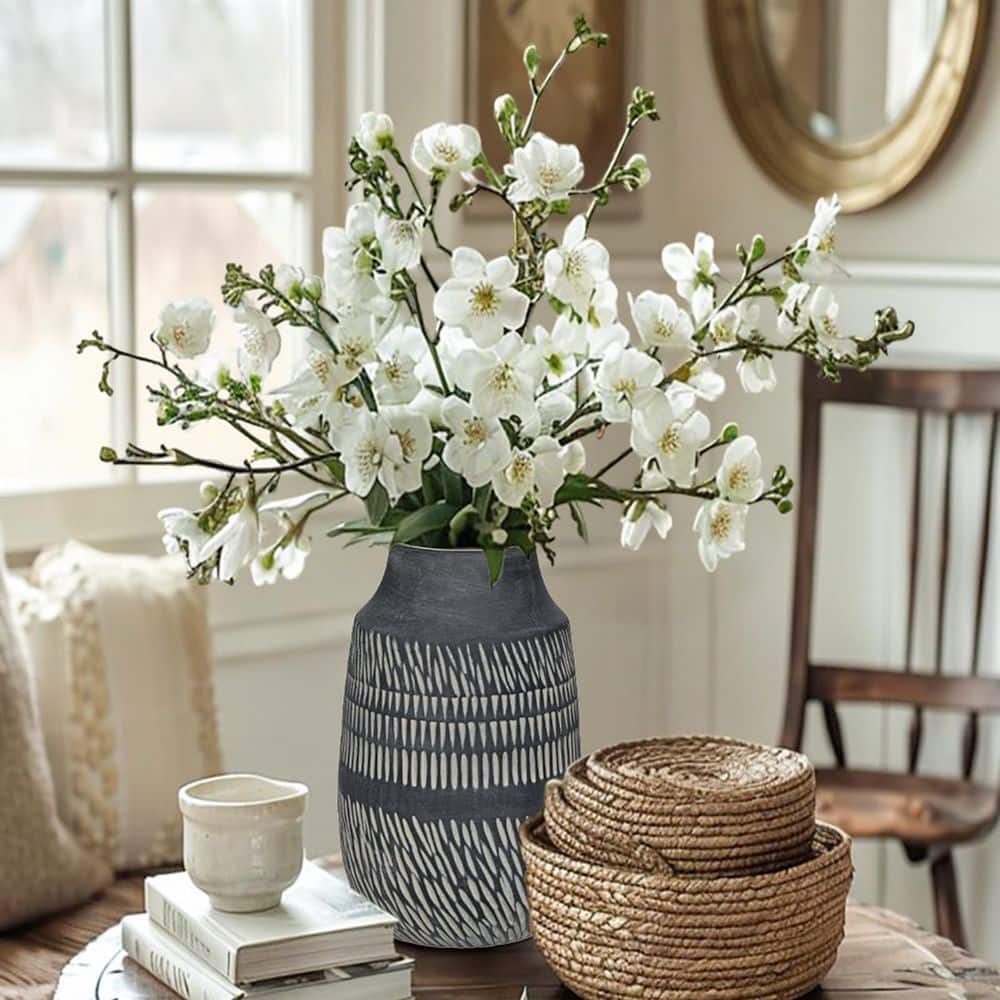 9 in. Dark Gray Ceramic Round Rustic Vase for Home Office Tabletop ...