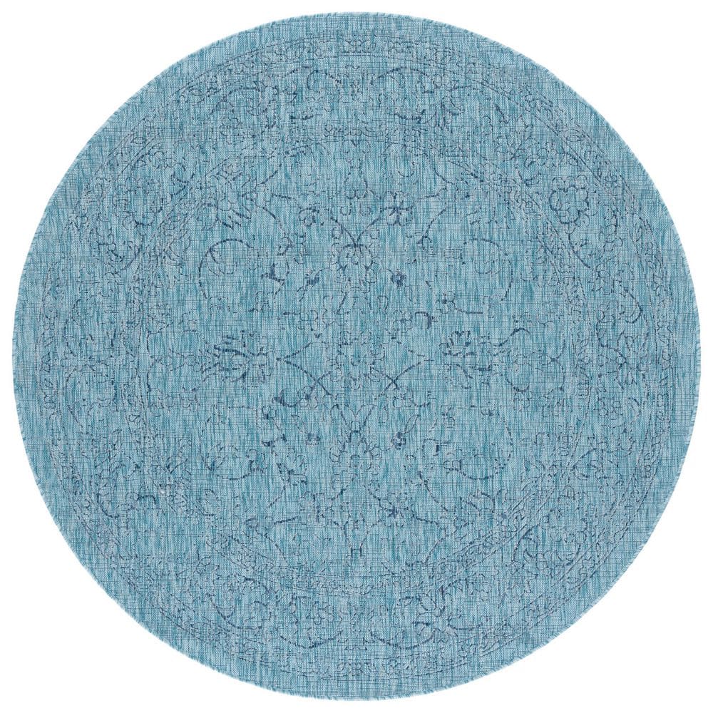 SAFAVIEH Courtyard Aqua/Navy 7 ft. x 7 ft. Border Floral Scroll Indoor ...